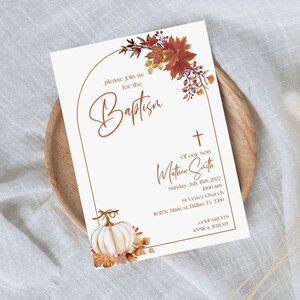 Editable and Printable Boho Fall Baptism Invitation Template, Pumpkin ...