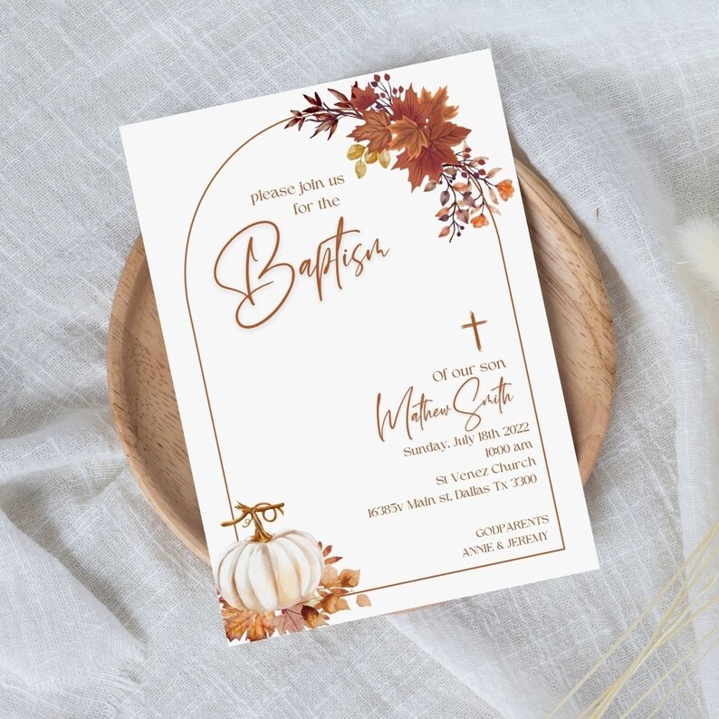 Editable and Printable Boho Fall Baptism Invitation Template, Pumpkin ...