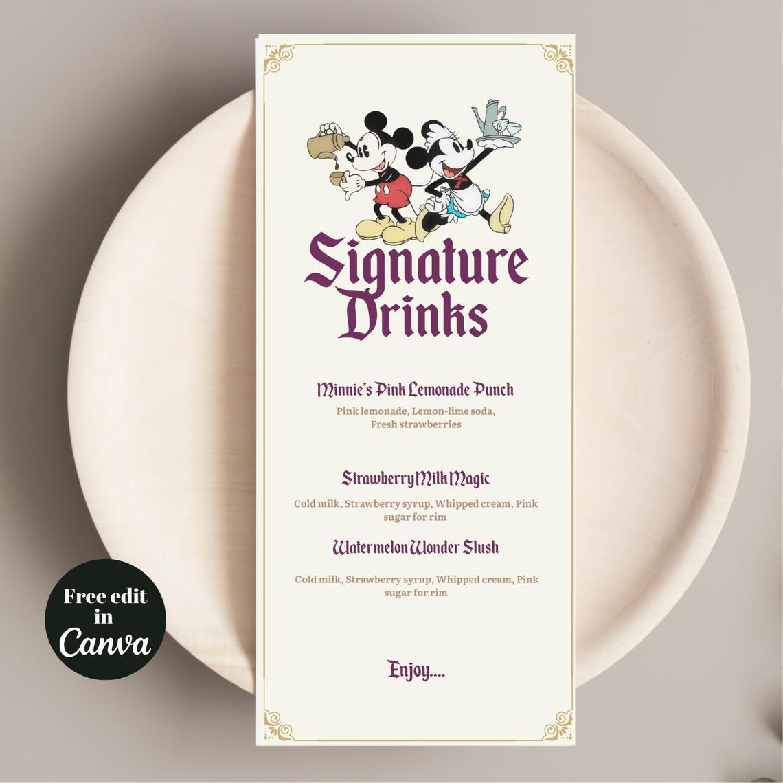 Editable Minnie and Mickey Customize Food Menu, Mickey and Minnie ...