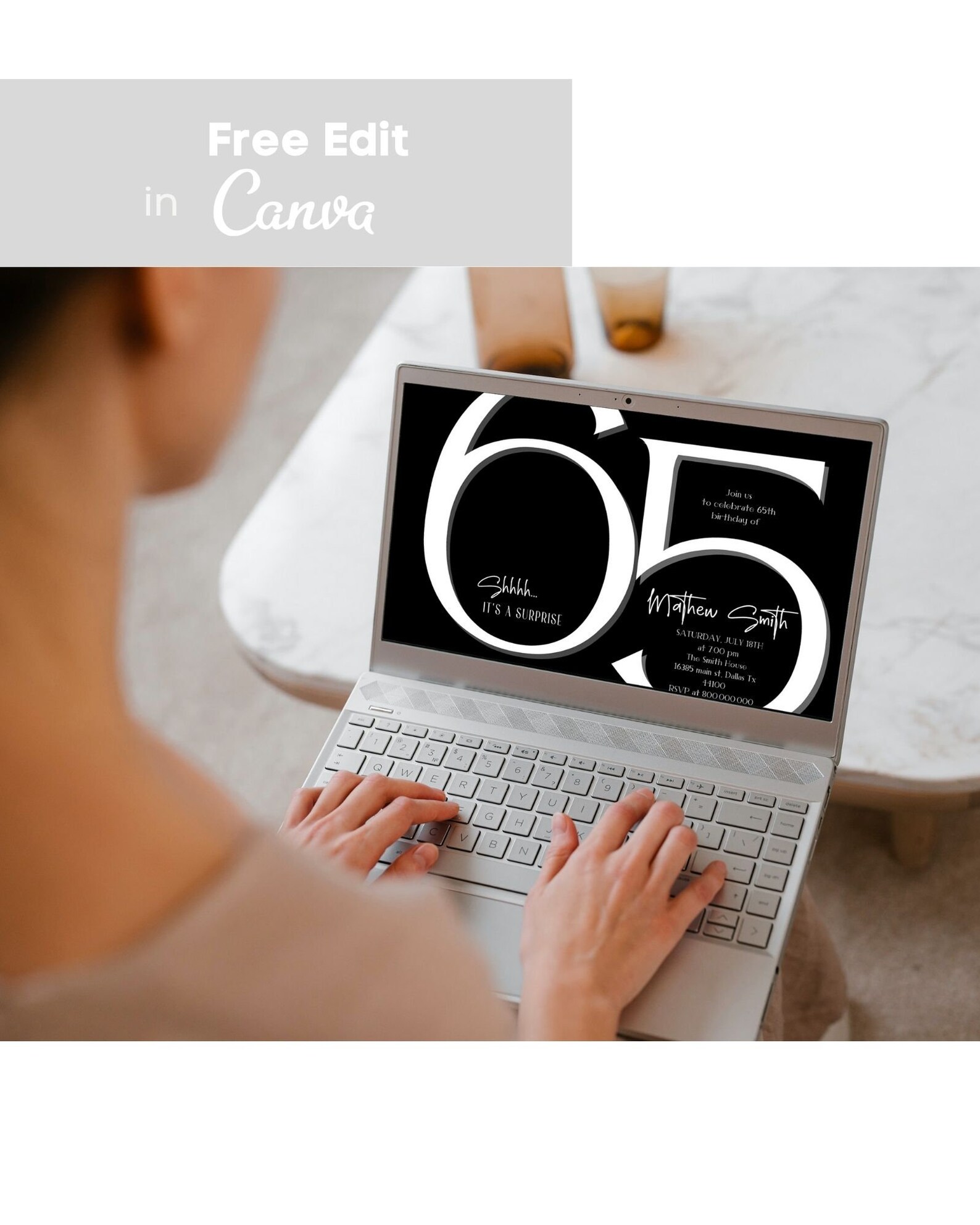 Editable and Printable 65th Elegant Birthday Invitation Template, Sixty ...
