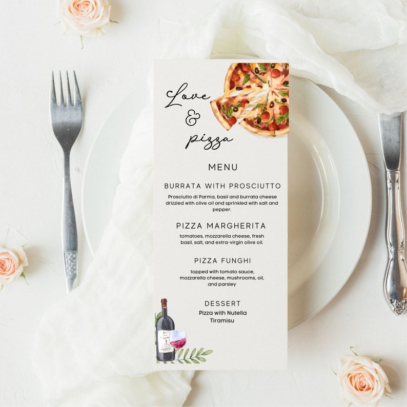 Editable and Printable Love and Pizza Minimalist Menu, Elegant Pizza ...