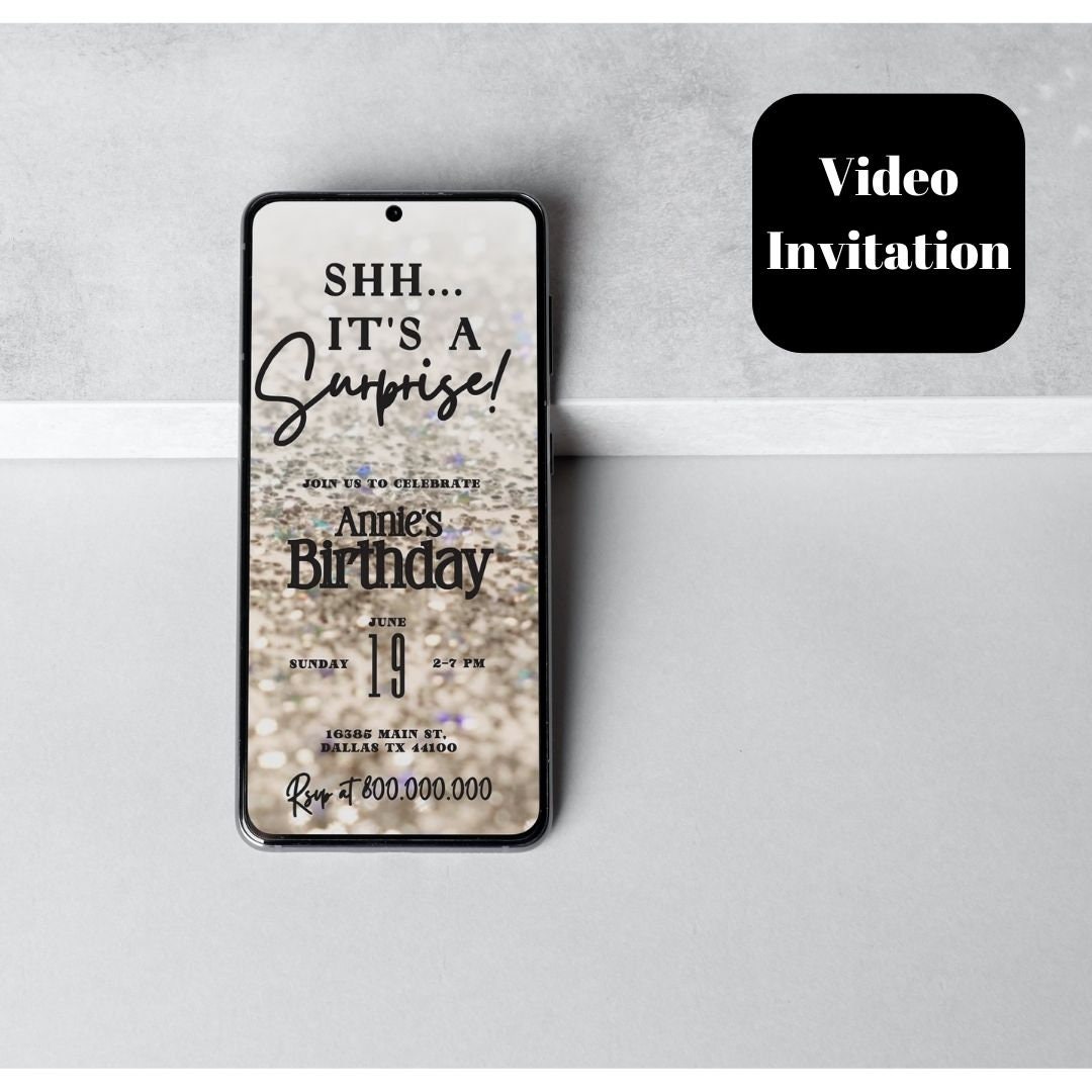 Editable Shh It's a Surprise Elegant Video Birthday Invitation ...