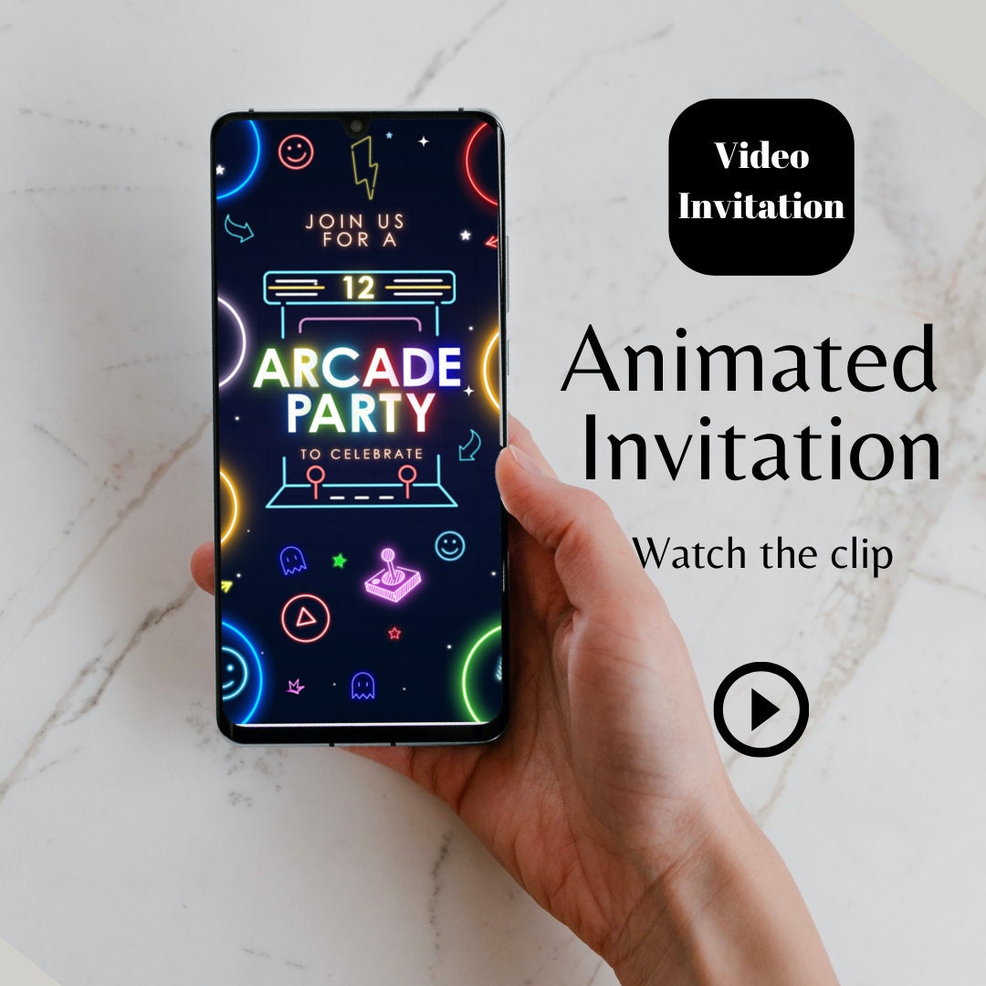 Editable Arcade Party Video Invitation, Gamer Party Animated Invitation ...