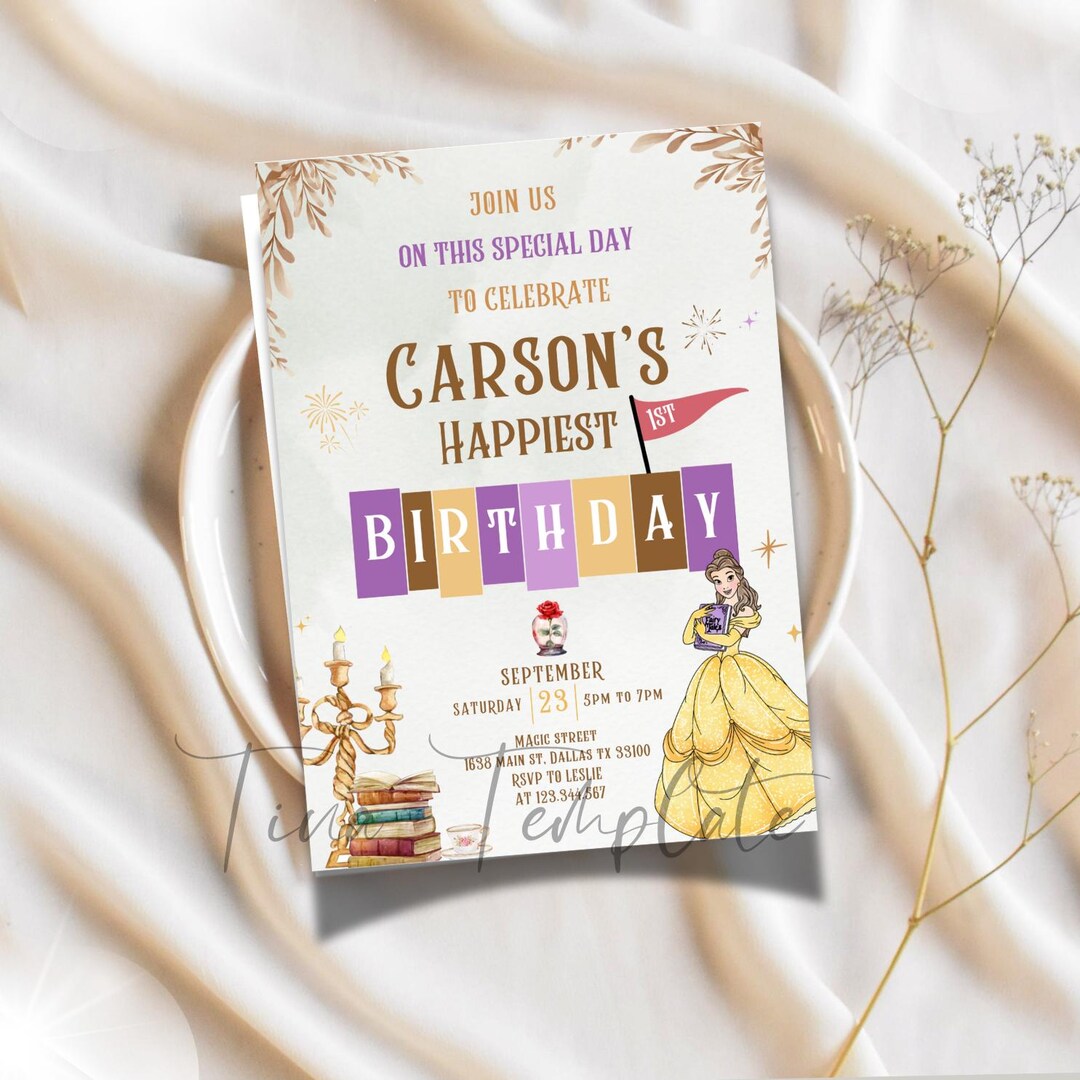 Editable Belle Beauty Princess Birthday Invitation Template, Any Age ...