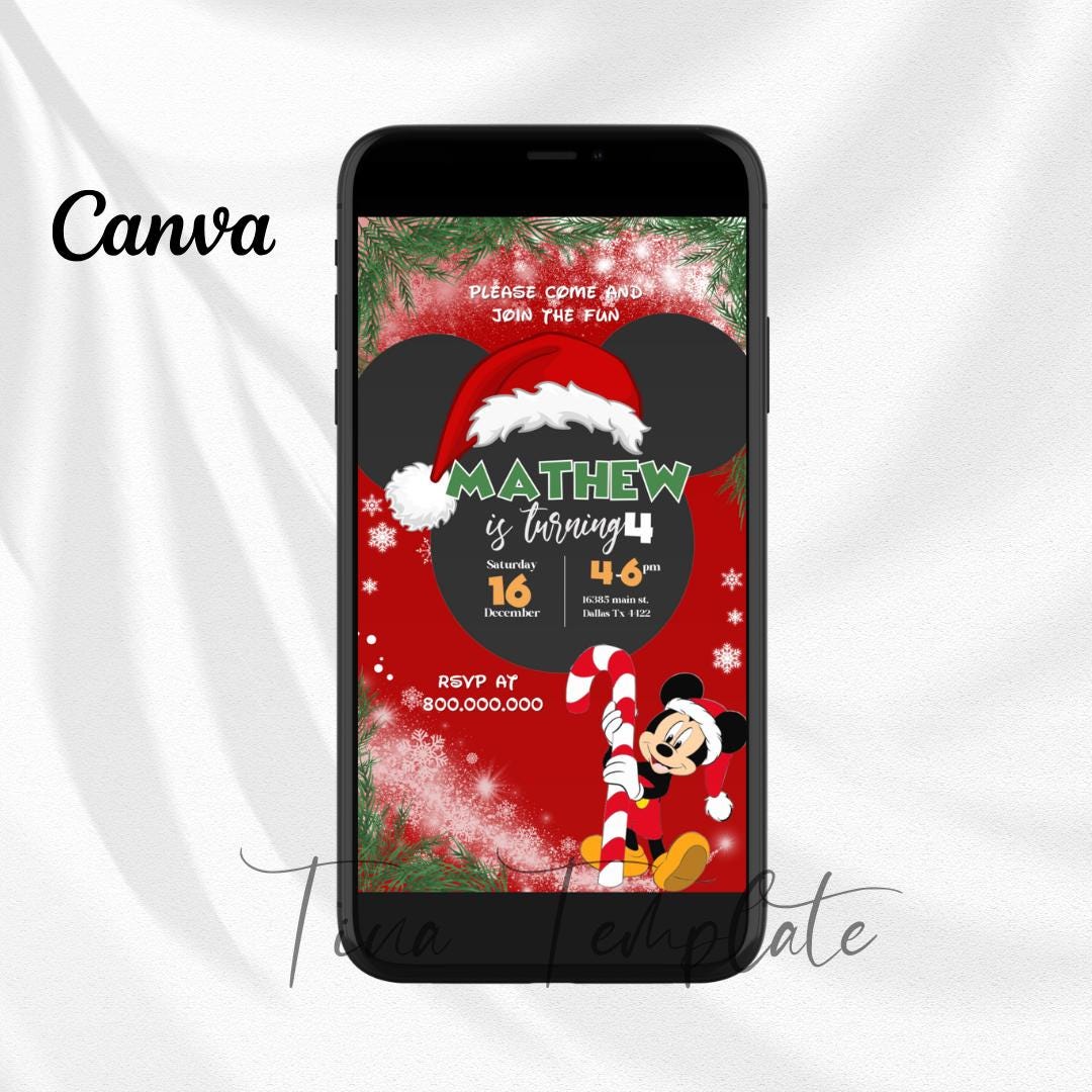 Editable Christmas Mickey Kid Birthday Phone Invitation, Any Age Mickey ...