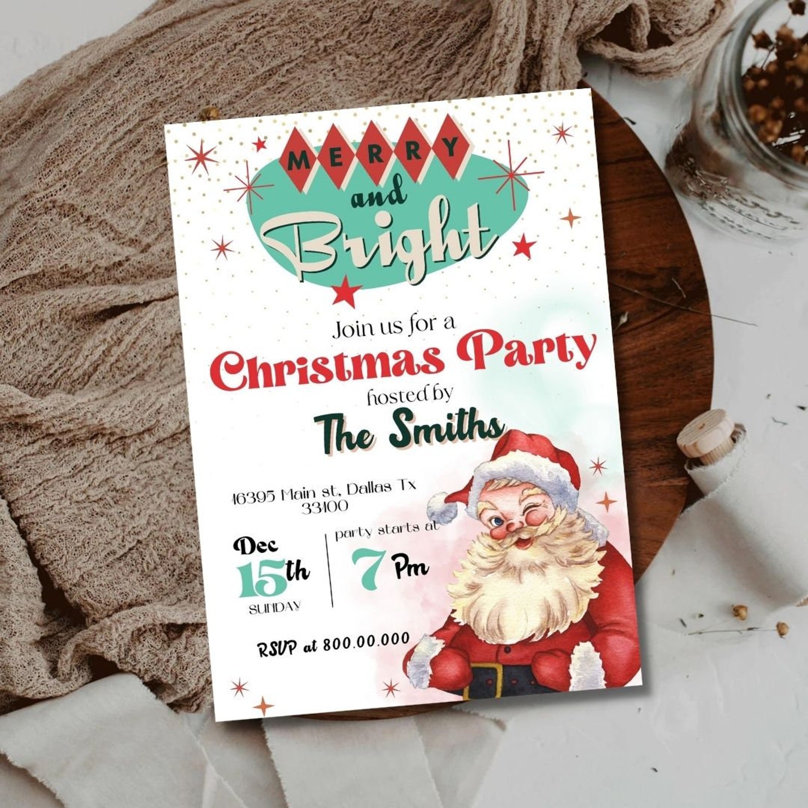 Editable and Printable Merry and Bright Retro Santa Party - Etsy