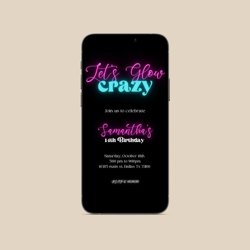 Editable Lets Glow Crazy Girl Invitation Template, Neon Light Glow ...