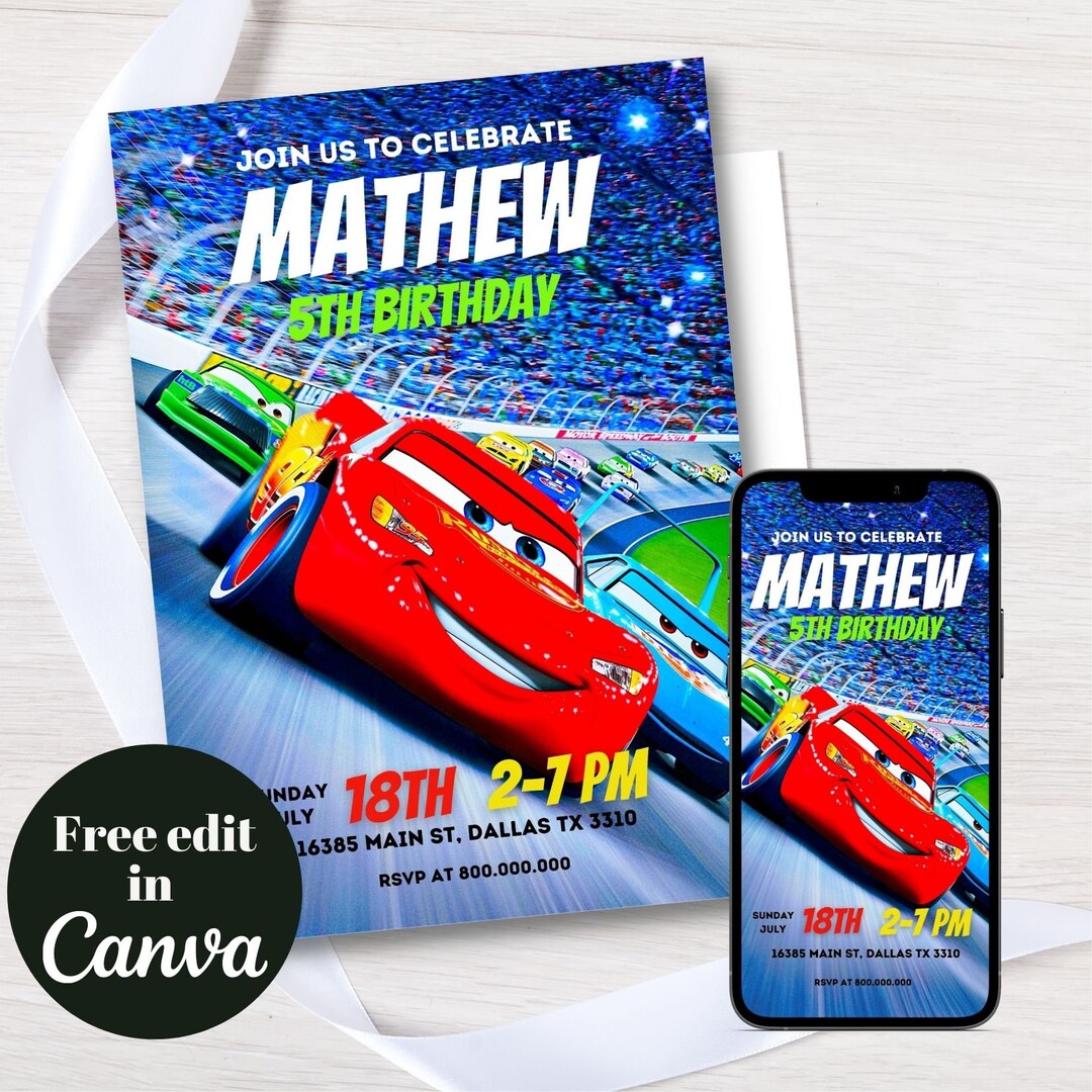 Electronic and Printable Cars Kid Birthday Invitation Template, Boy ...