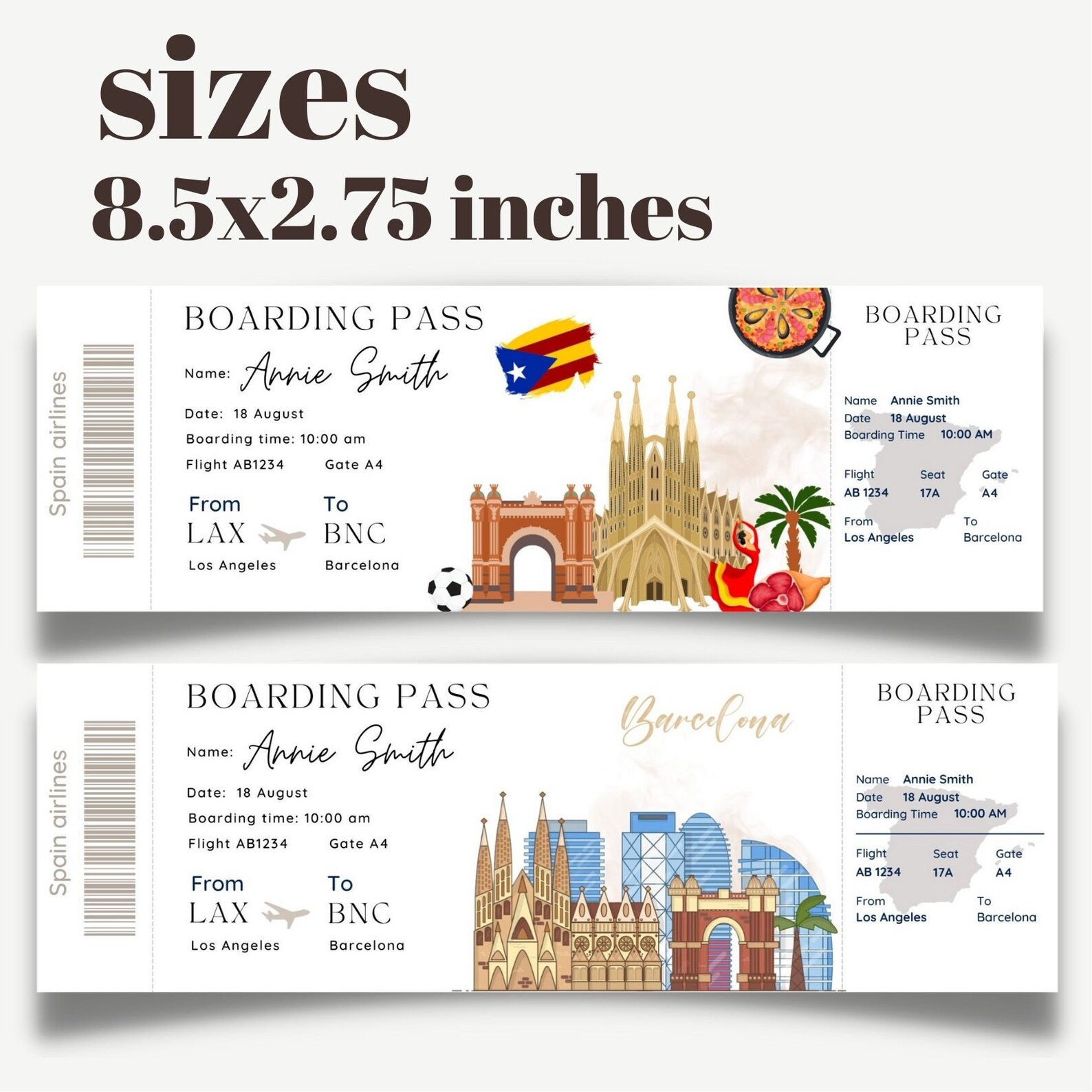 Printable and Editable Barcelona Spain Surprise Boarding Pass Ticket ...