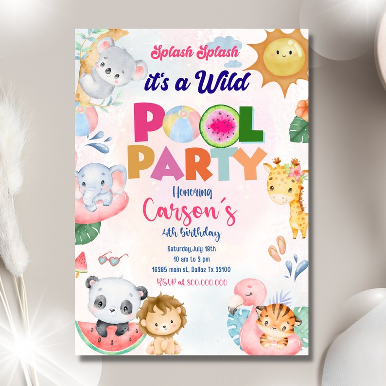 Editable and Printable Animals Pool Party Invitation Template, Splash ...