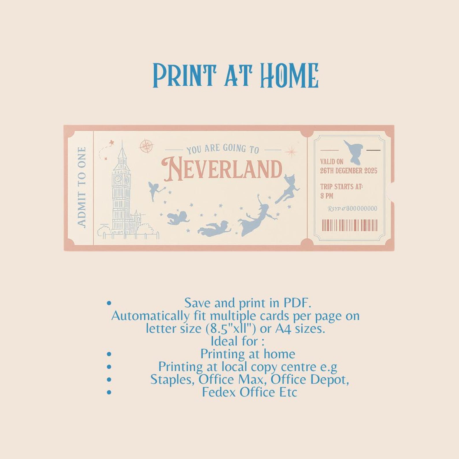 Editable Neverland Ticket Template, Neverland Themed Surprise Ticket ...