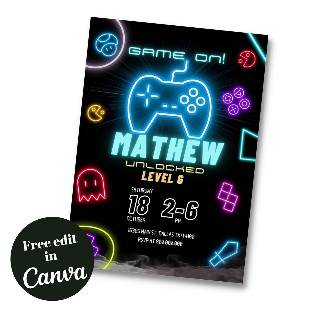 Editable Gamer Theme Kid Birthday Party Invitation, Printable Neon ...