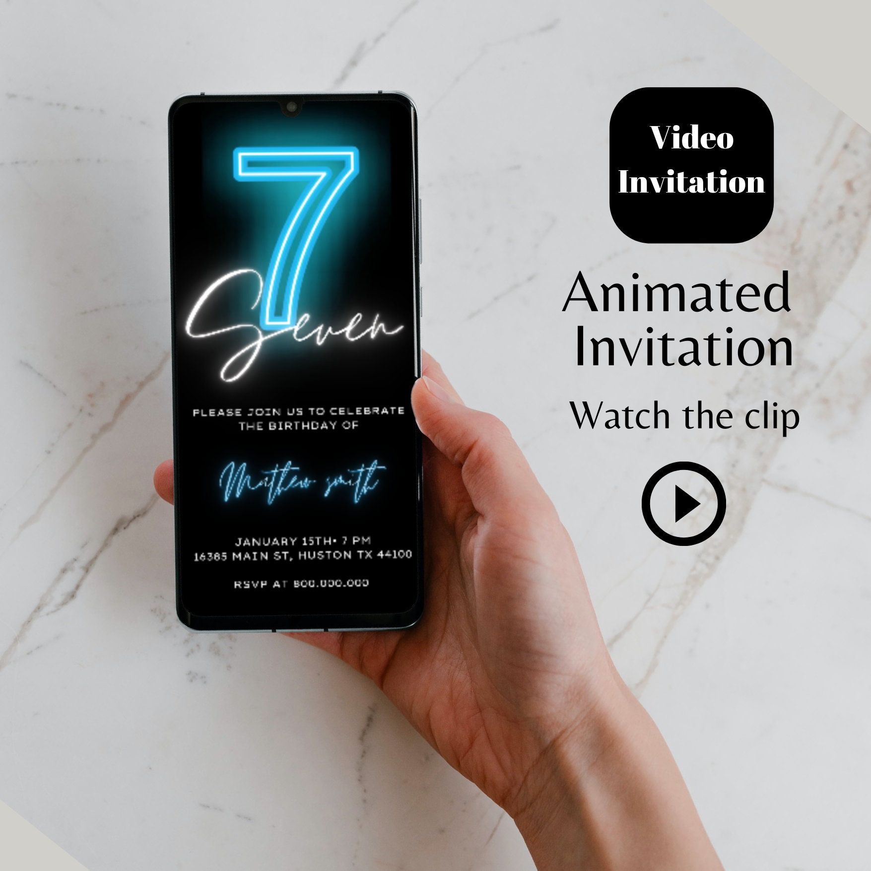 Editable 7th Neon Light Video Birthday Invitation Template - Etsy