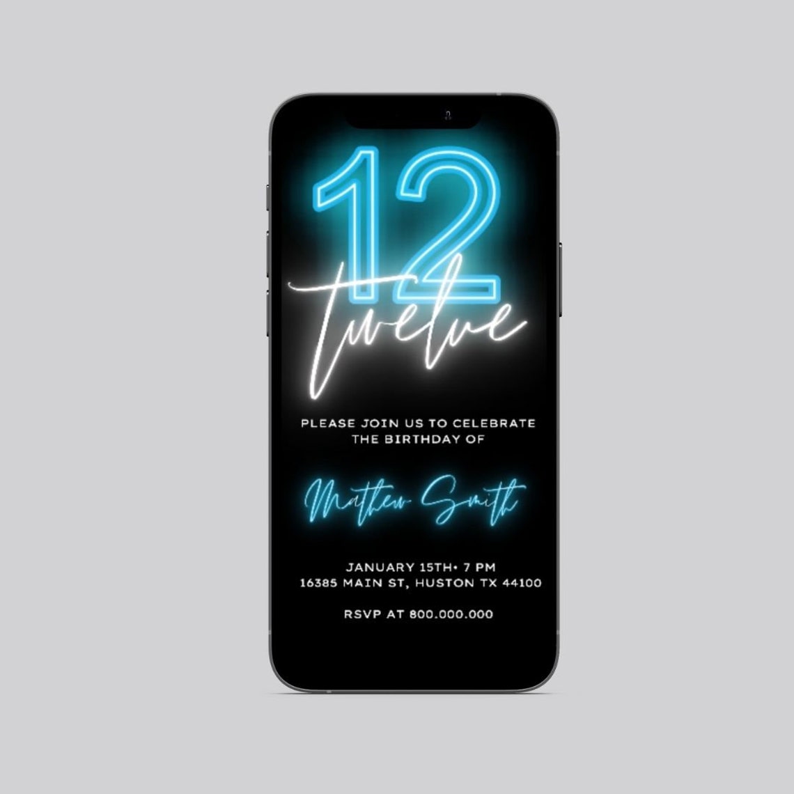 Editable 12th Neon Light Video Birthday Invitation Template, Blue Neon ...
