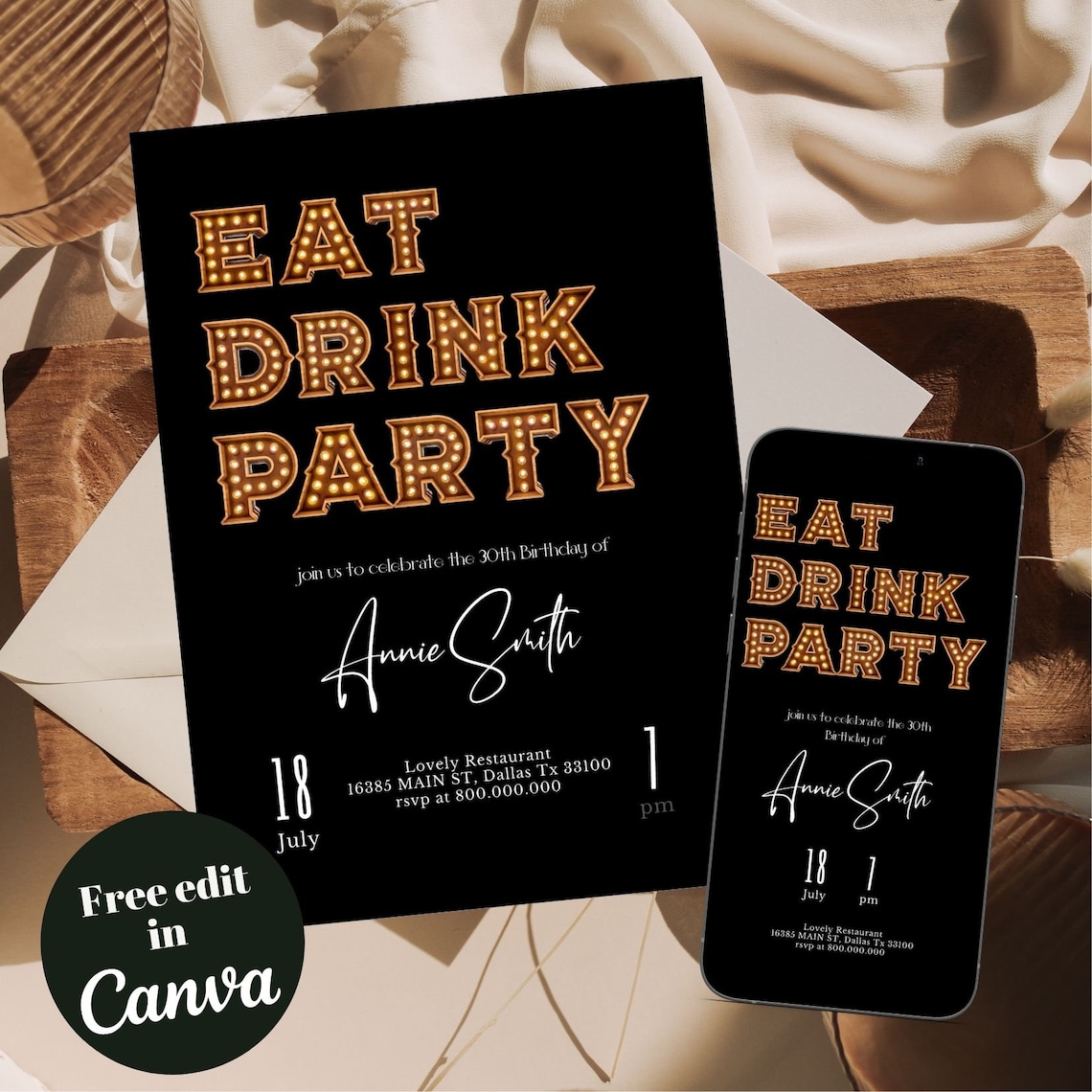 Editable and Printable Eat Drink Party Marquee Sign Invitation Template ...