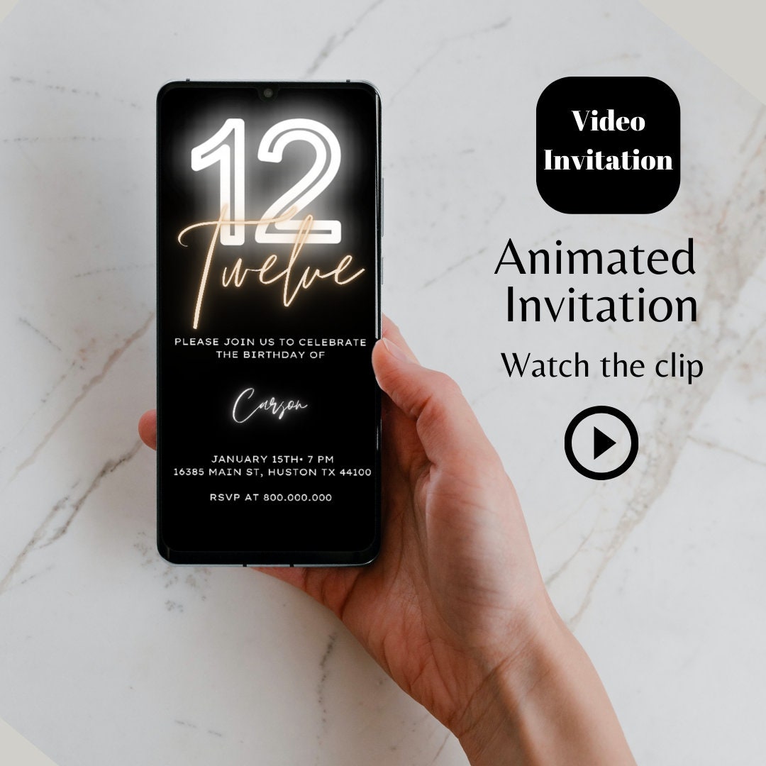 Editable 12th Neon Light Video Birthday Invitation Template, White Neon ...
