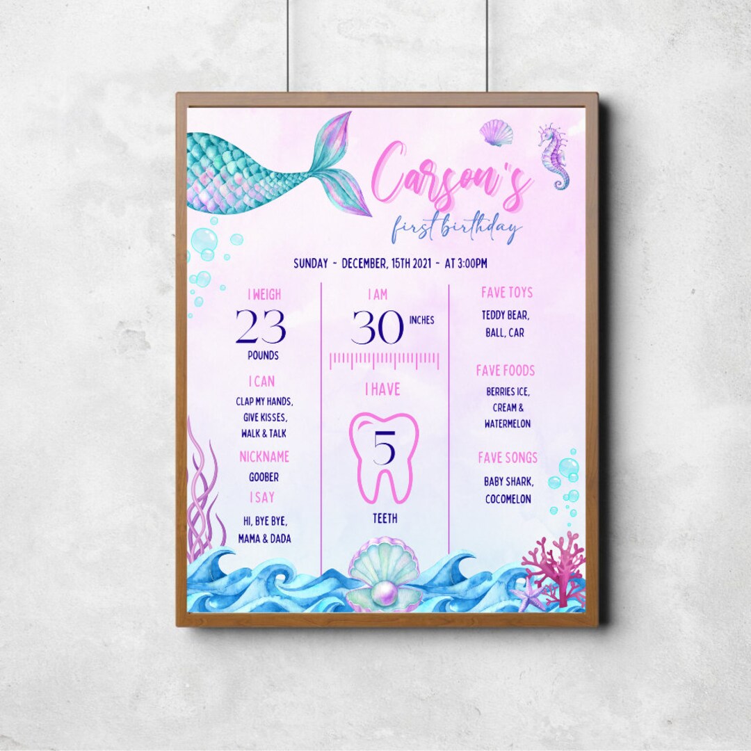 Editable and Printable Mermaid First Birthday Milestone Poster ...