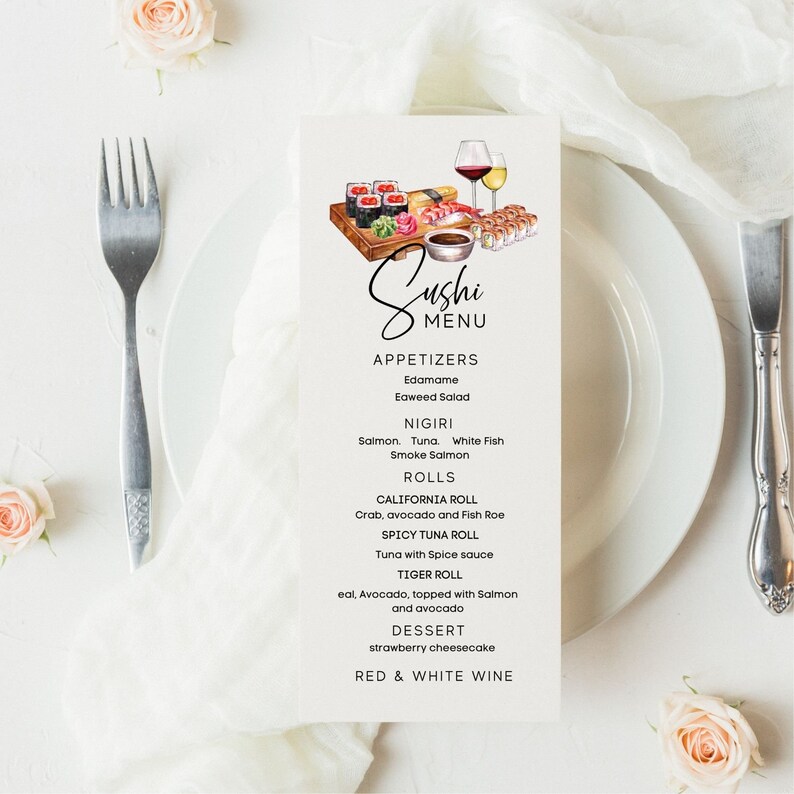 Elegant and Minimalist Sushi Night Menu Template, Sushi Menu Birthday ...