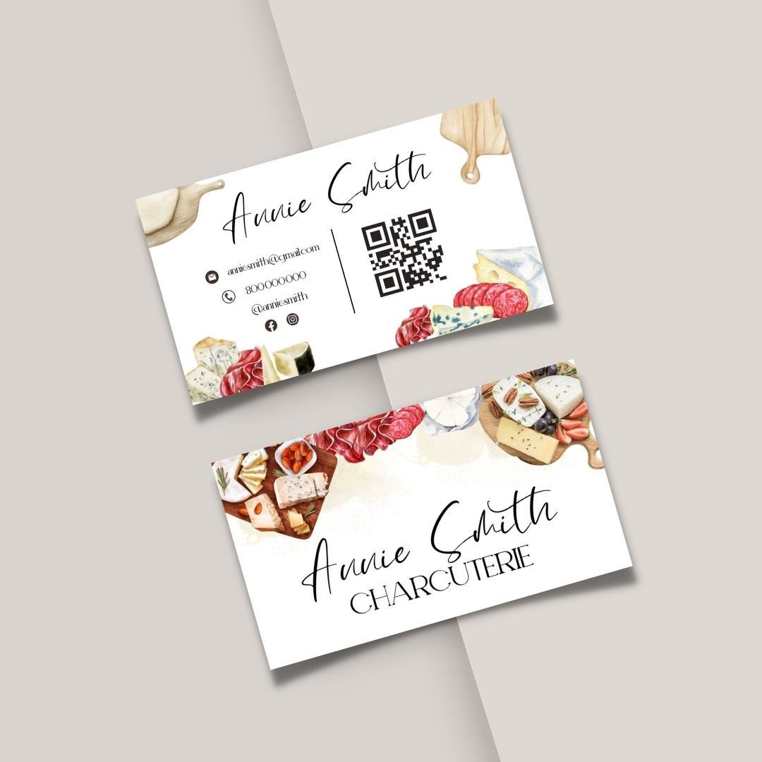 Editable Charcuterie Business Card Design Template With QR Code, Cheese ...
