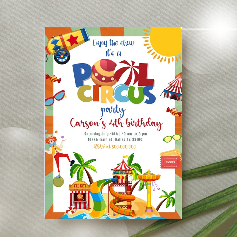Editable and Printable Circus Pool Party Invitation Template, Circus ...