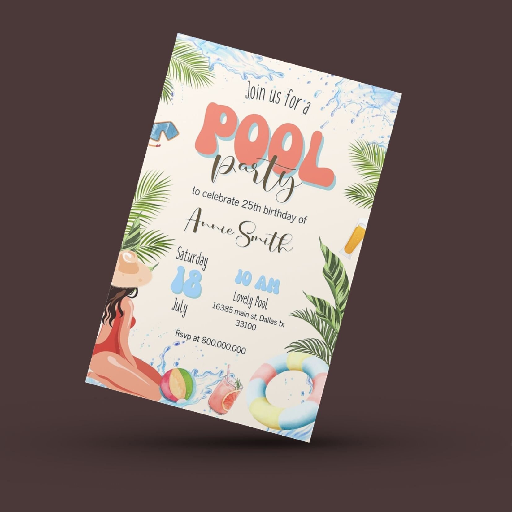 Printable and Editable Girl Pool Party Invitation Template - Etsy