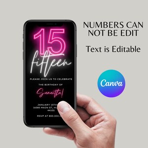 Editable 15th Neon Light Video Birthday Invitation Template, Pink Neon ...