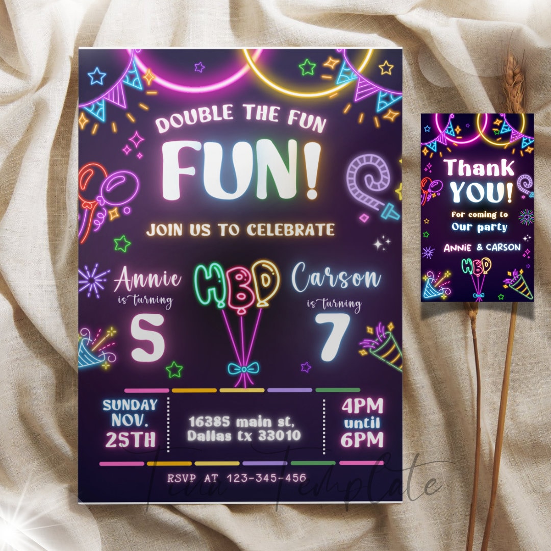 Editable Sibling Neon Lights Birthday Invitation, Joint Birthday ...