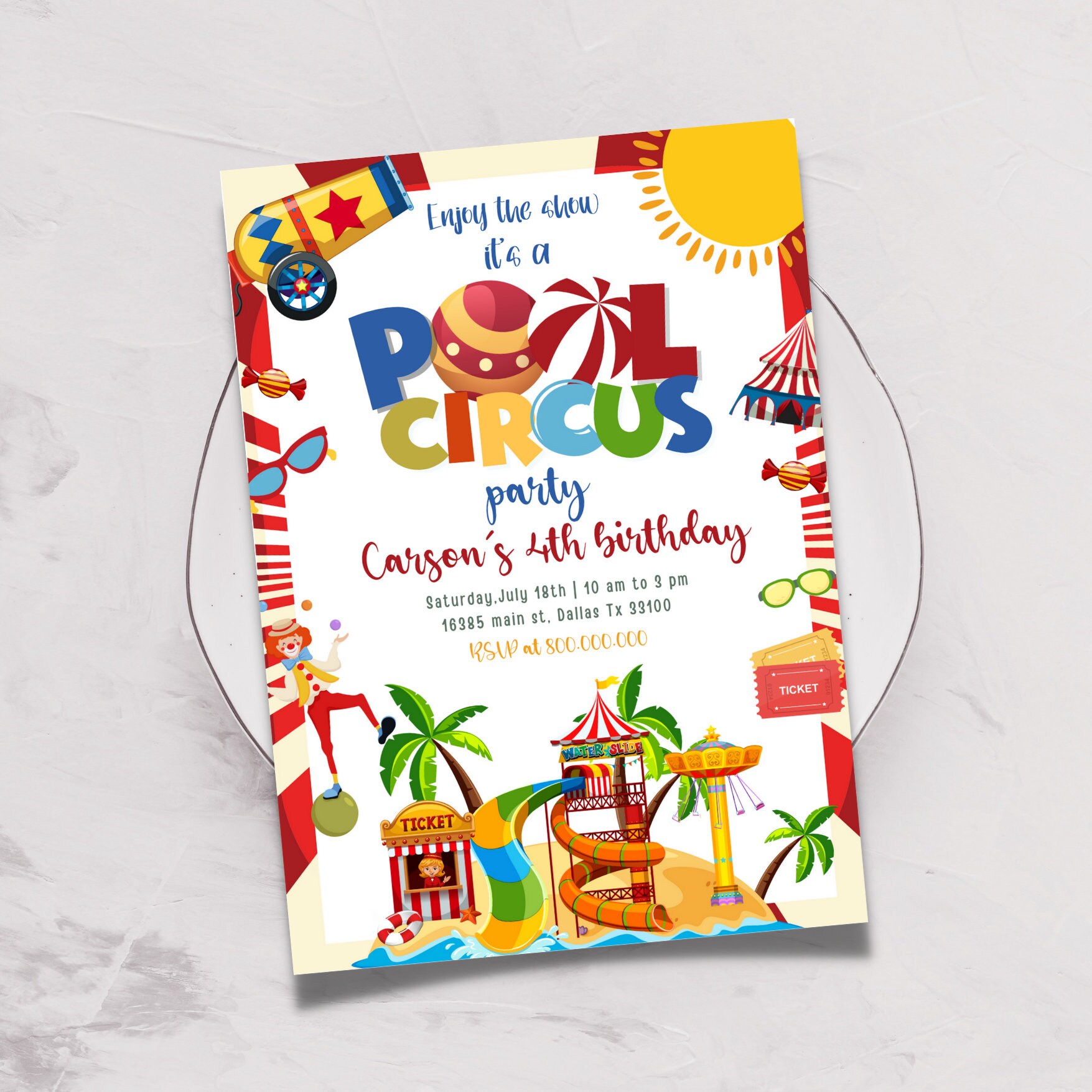 Editable and Printable Circus Pool Party Invitation Template, Circus ...