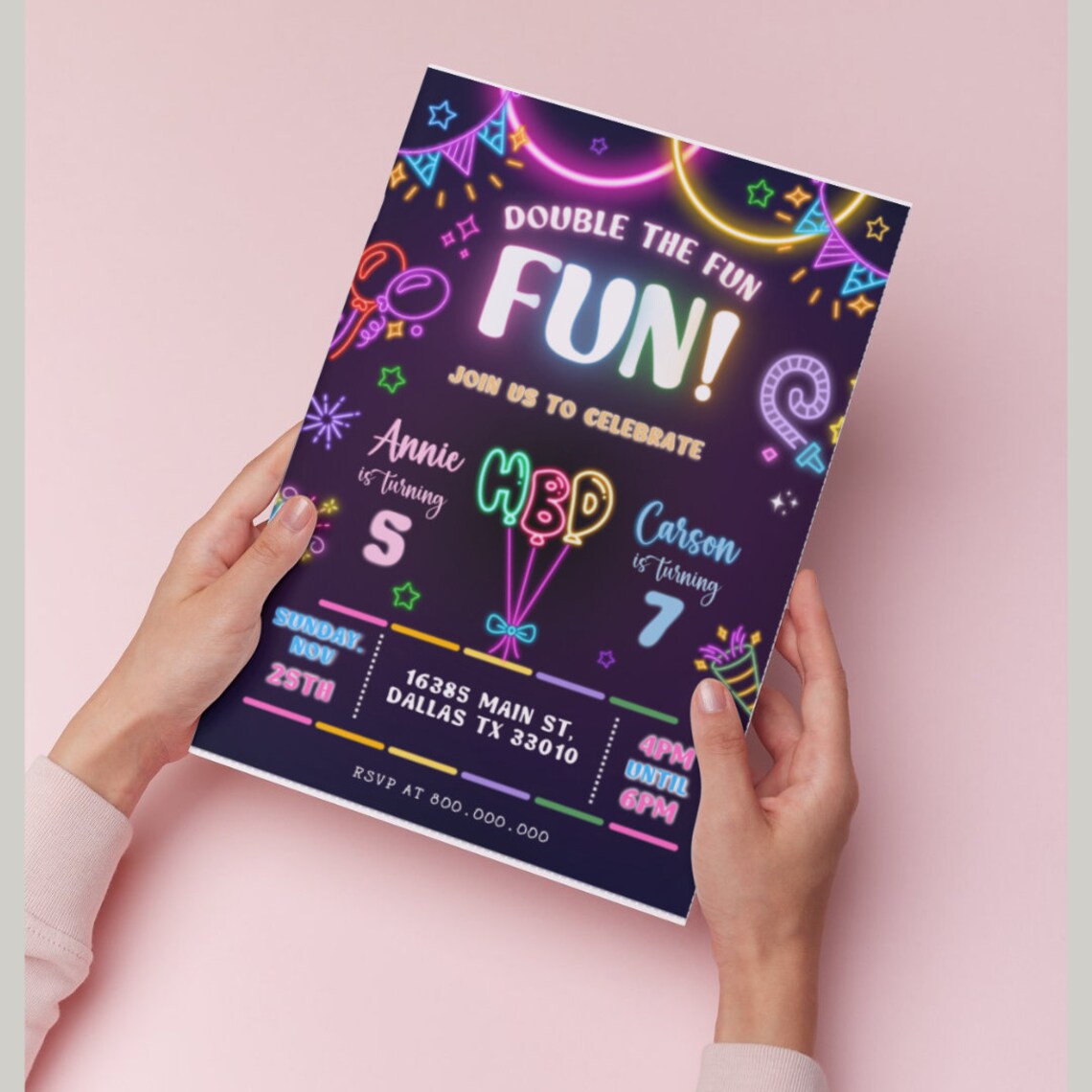 Editable Sibling Neon Lights Birthday Invitation, Joint Birthday ...