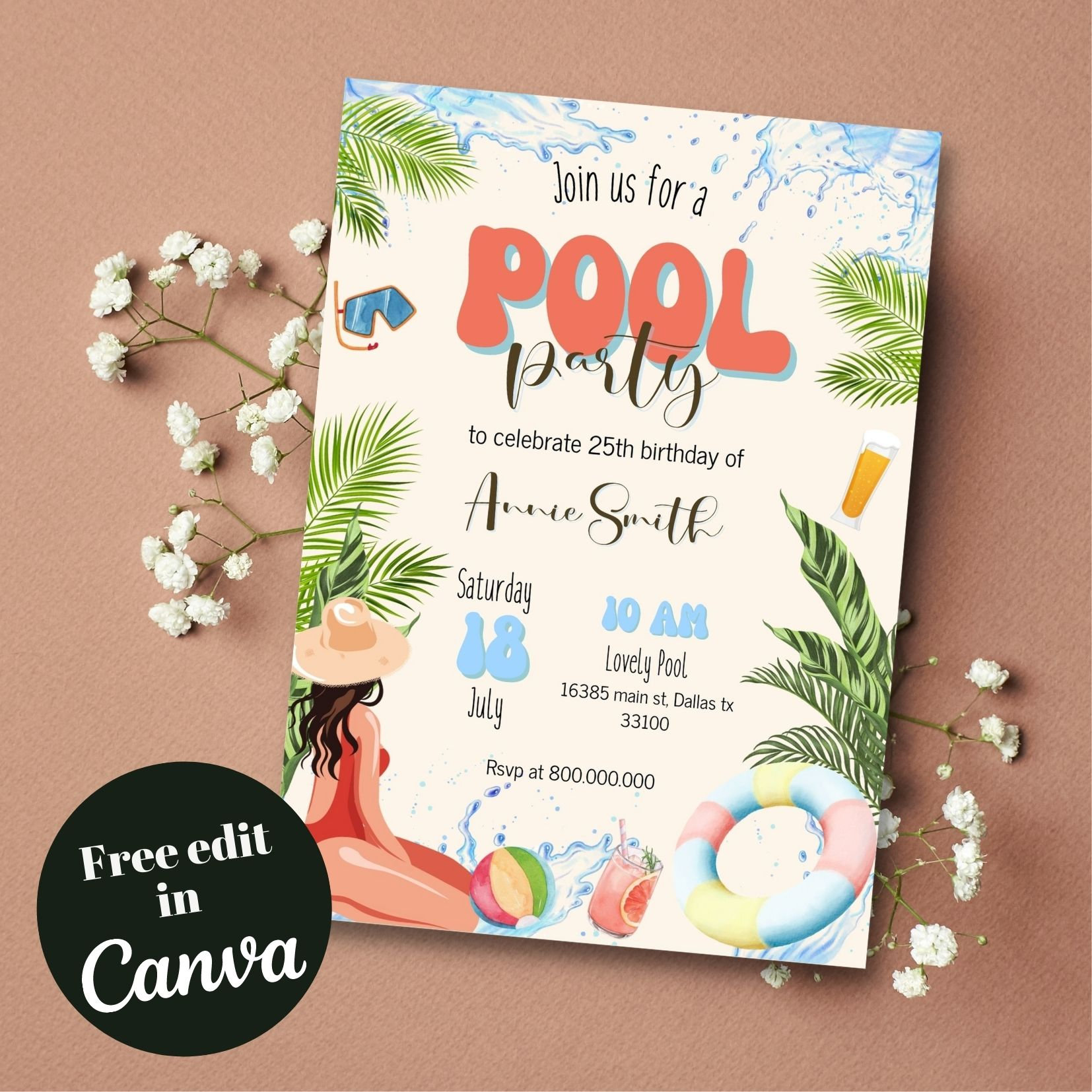 Printable and Editable Girl Pool Party Invitation Template - Etsy