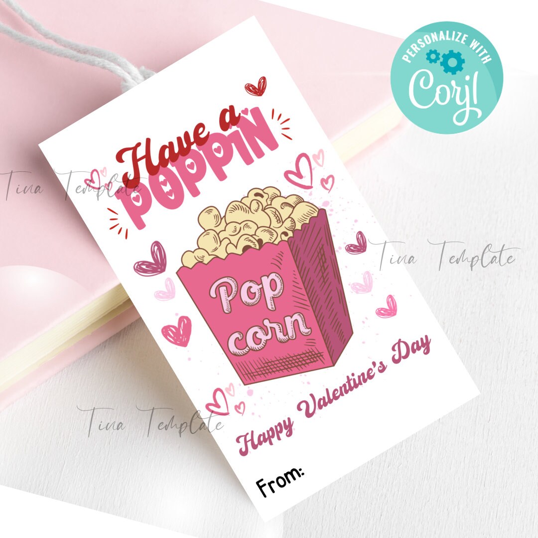 Editable Poppin Valentine's Day Tag, Retro Pink Popcorn Gift Tag (corjl ...