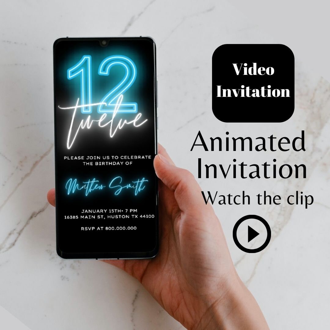 Editable 12th Neon Light Video Birthday Invitation Template, Blue Neon ...