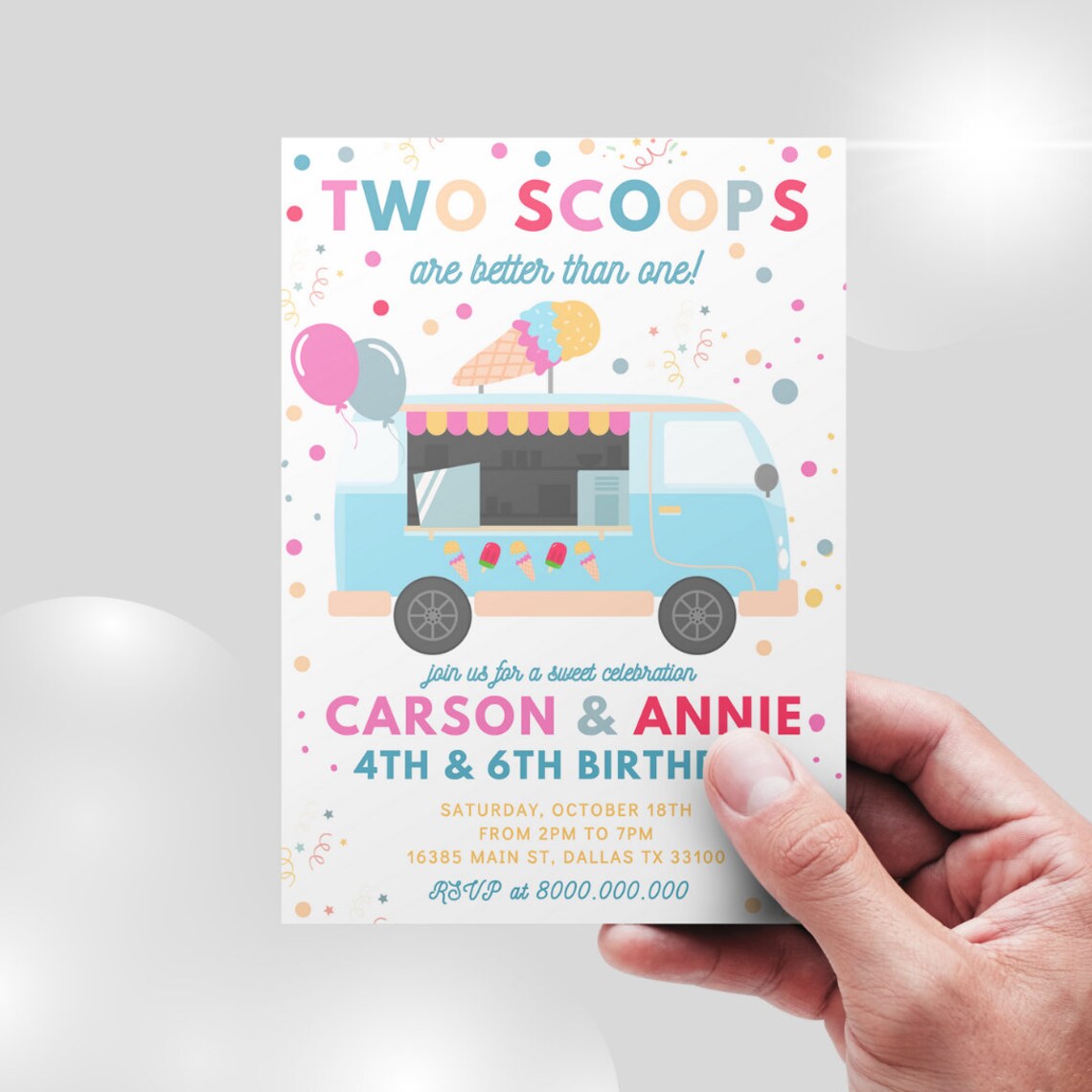 Editable and Printable Ice Cream Truck Twin Birthday Invitation ...