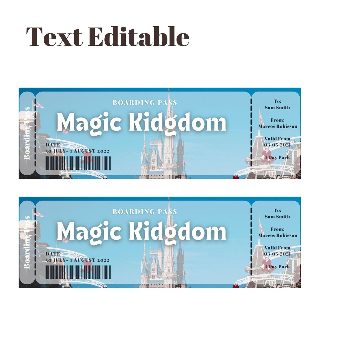 Printable Ticket to Magic Kingdom Editable, Boarding Pass to Park Theme ...
