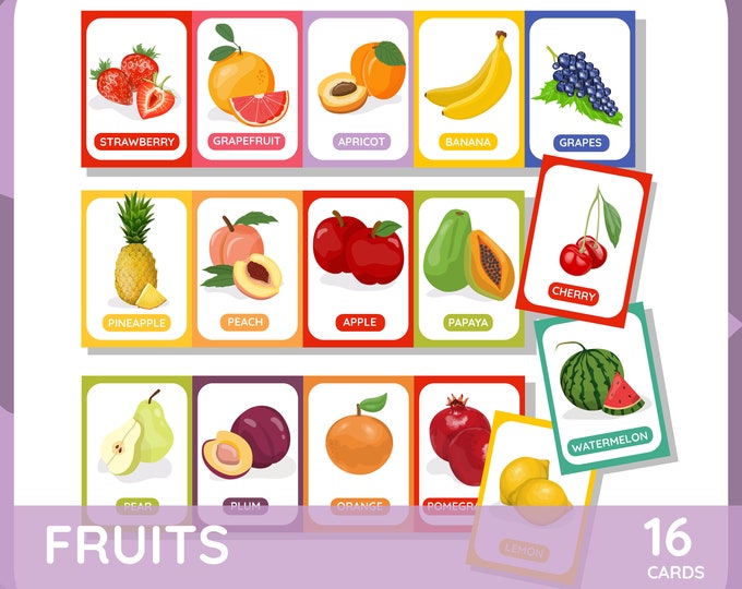 FRUITS Flashcards Montessori Materials, Toddler Flash Cards, Preschool ...