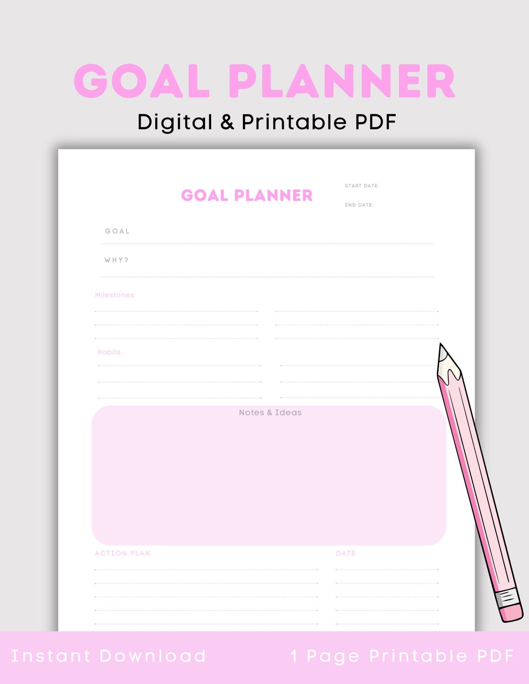 Goal Planner Printable - 1 Page Digital Smart Goal Planning Template ...