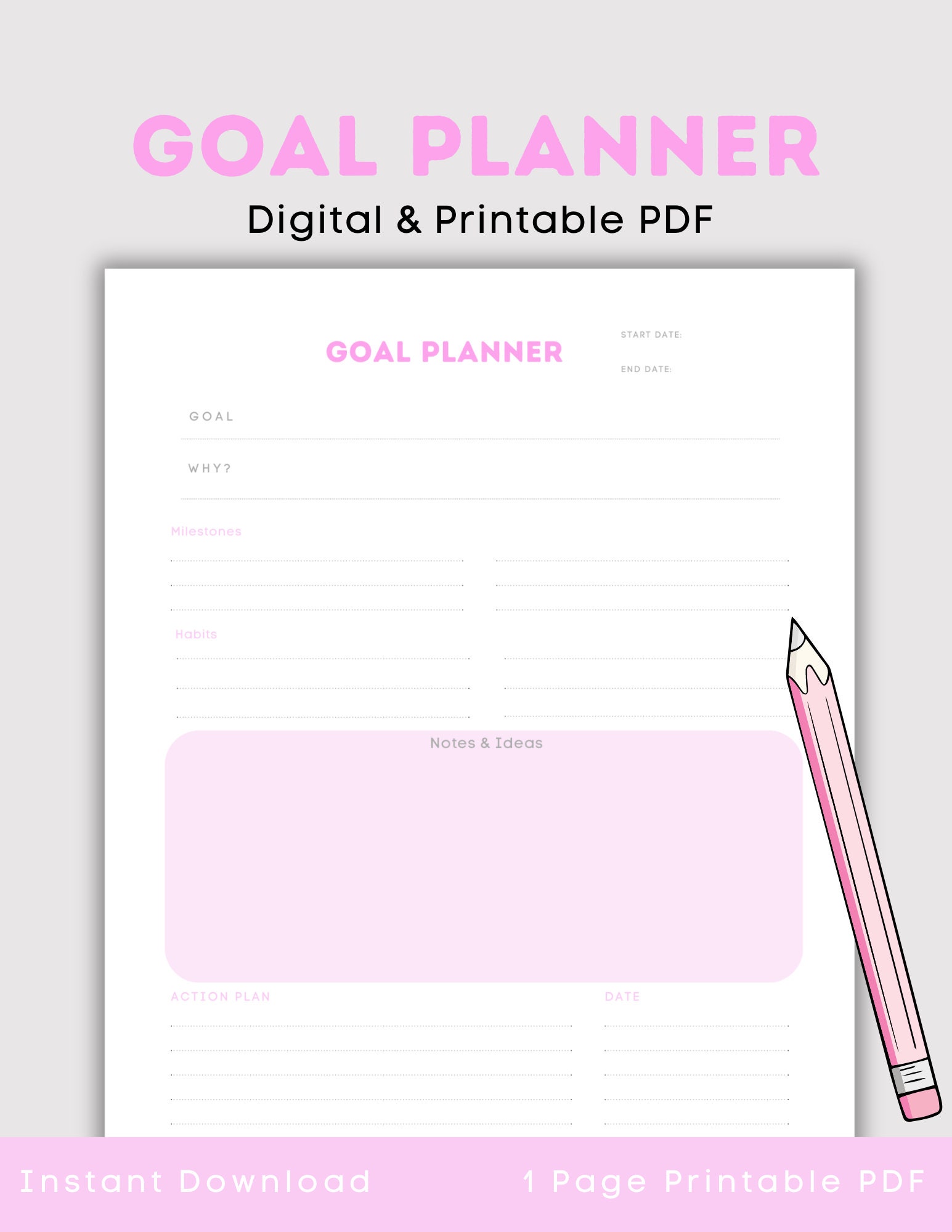 Goal Planner Printable - 1 Page Digital Smart Goal Planning Template ...