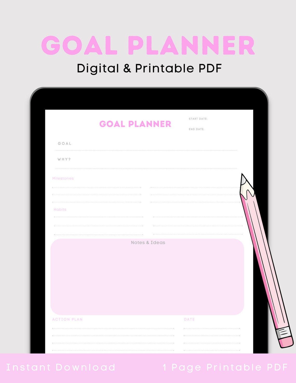 Goal Planner Printable - 1 Page Digital Smart Goal Planning Template ...