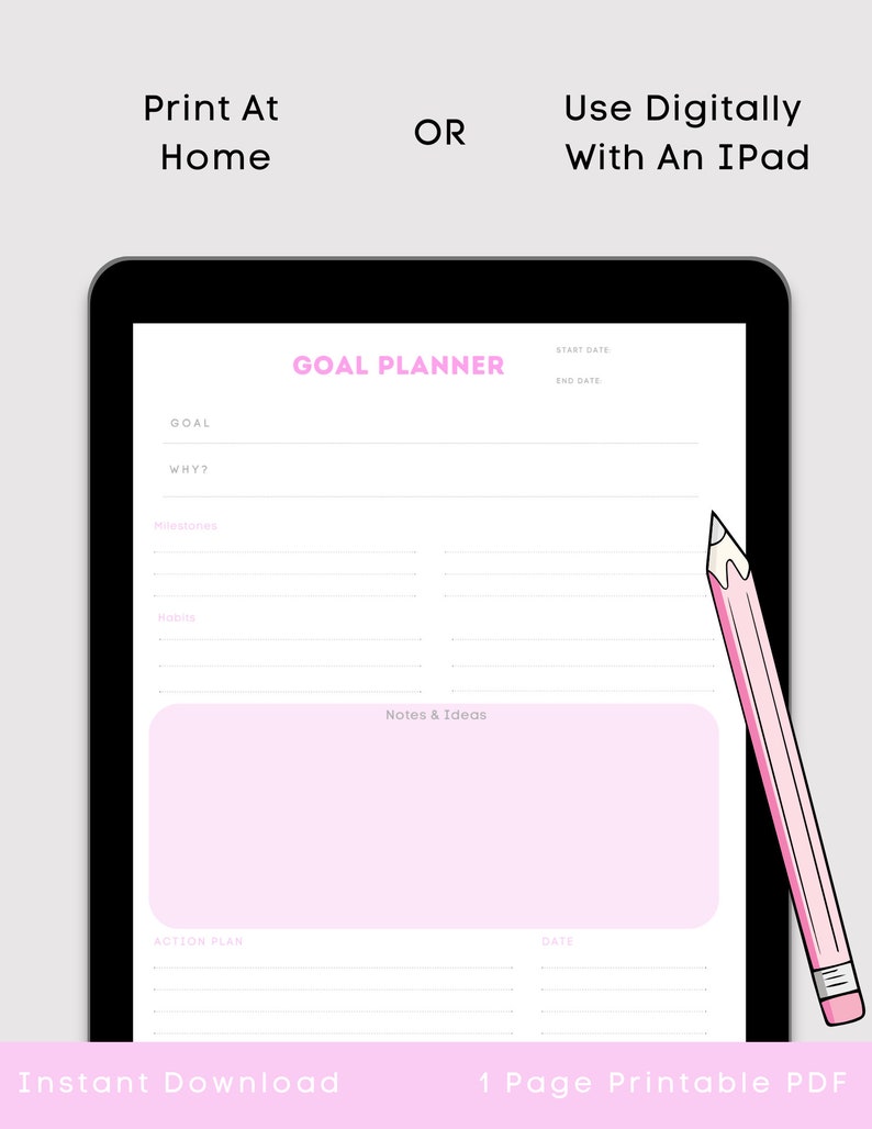 Goal Planner Printable - 1 Page Digital Smart Goal Planning Template ...