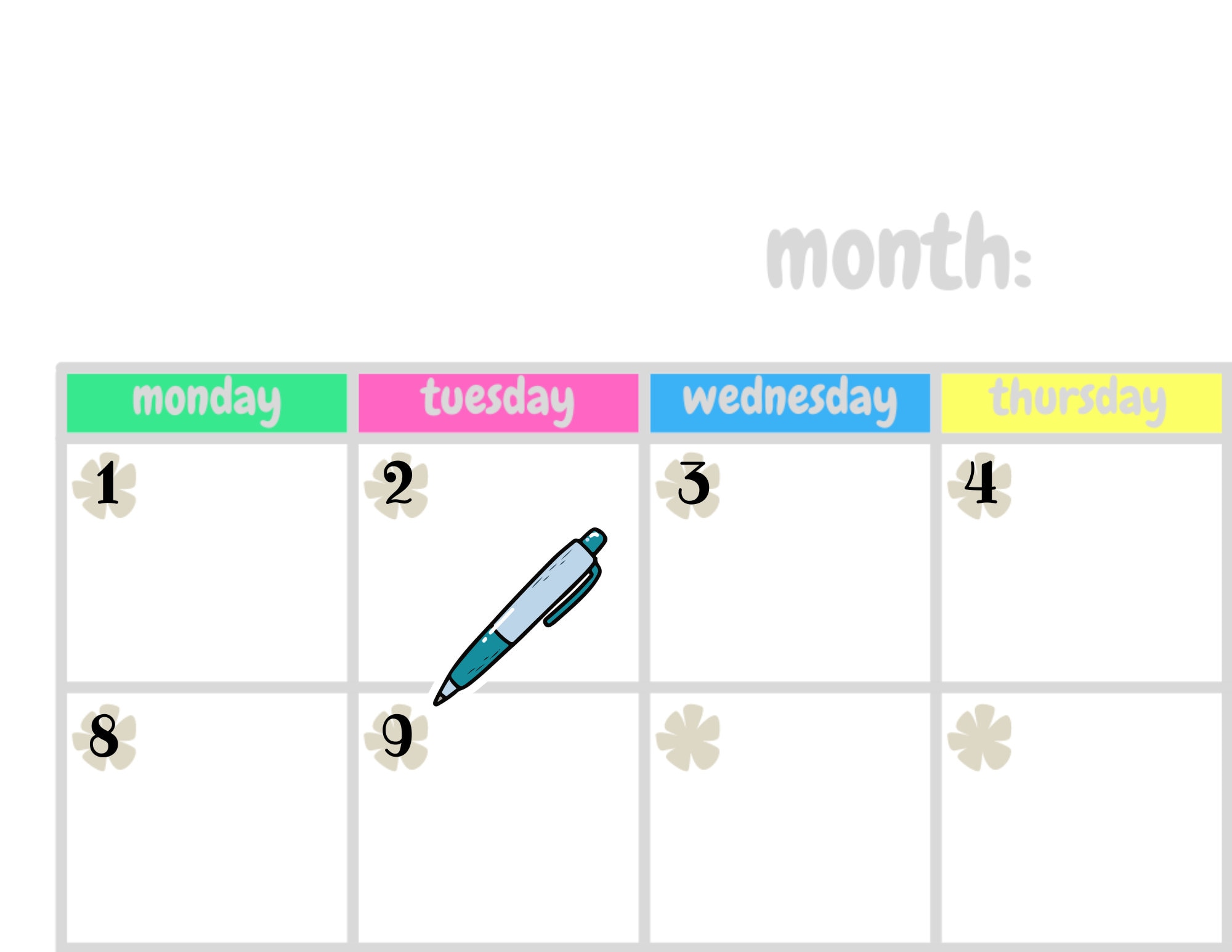 Colourful Blank Calendar Template With Grey Flowers, 11 X 8.5 Inches ...