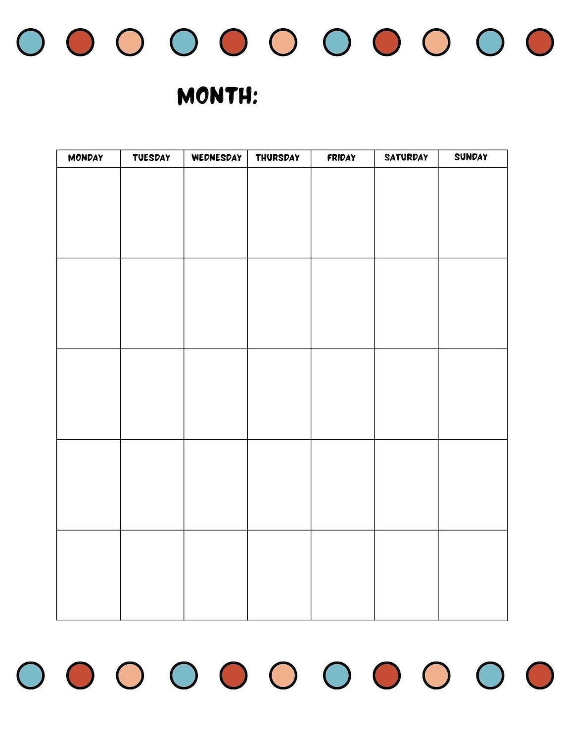 Circle Frame Blank Calendar Template, 8.5 X 11 Inches, Vertical ...