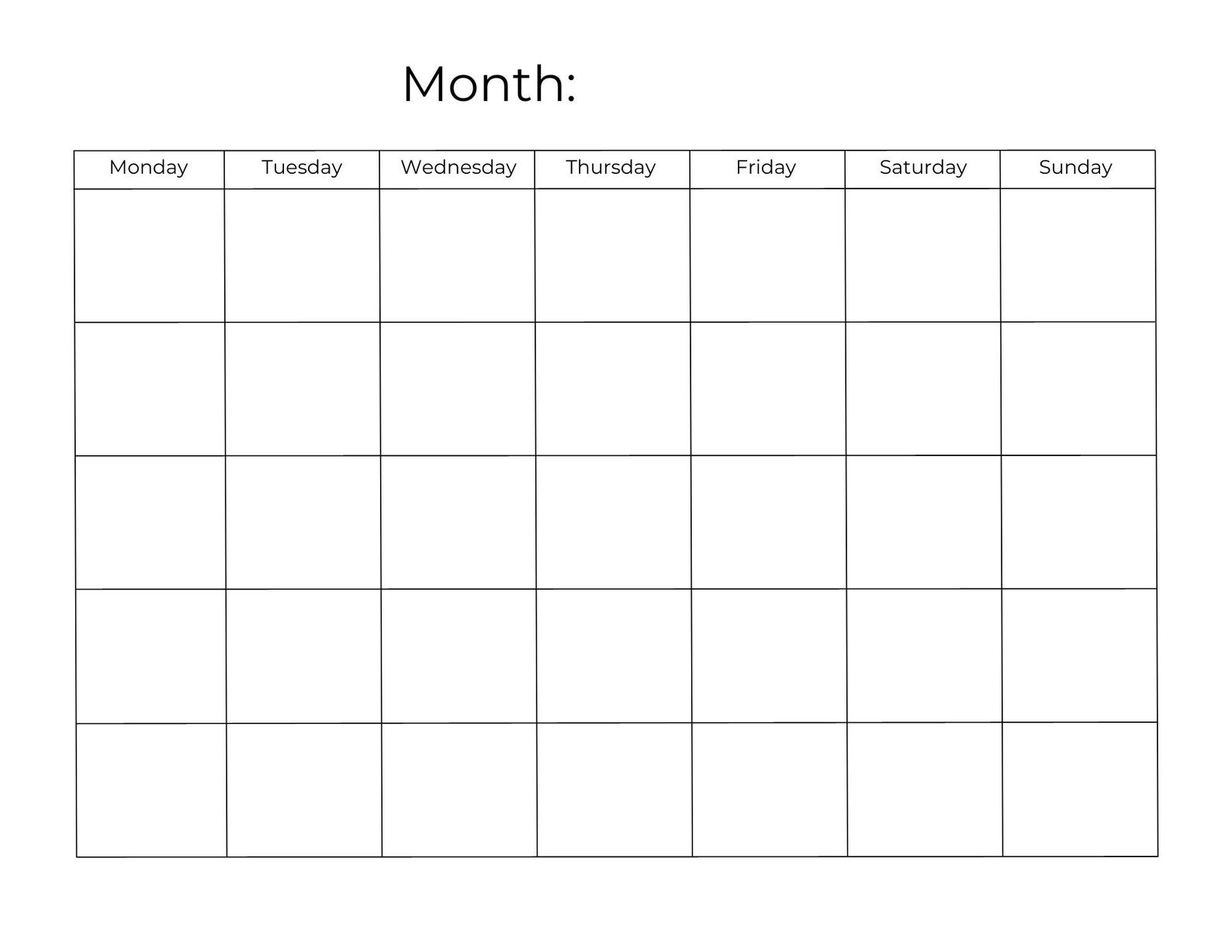 Blank Minimal Calendar Template, 11 X 8.5 Inches, Horizontal Printable ...