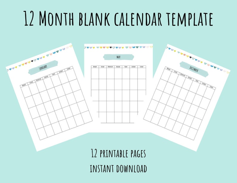 12 Month Blank Minimal Calendar Template, January to December, 12 ...
