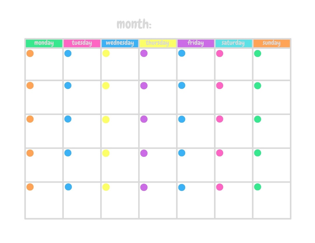 Colourful Blank Calendar Template, 11 X 8.5 Inches, Horizontal ...