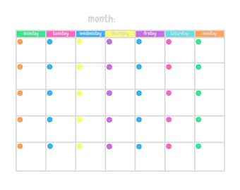 Colourful Blank Calendar Template, 11 X 8.5 Inches, Horizontal ...