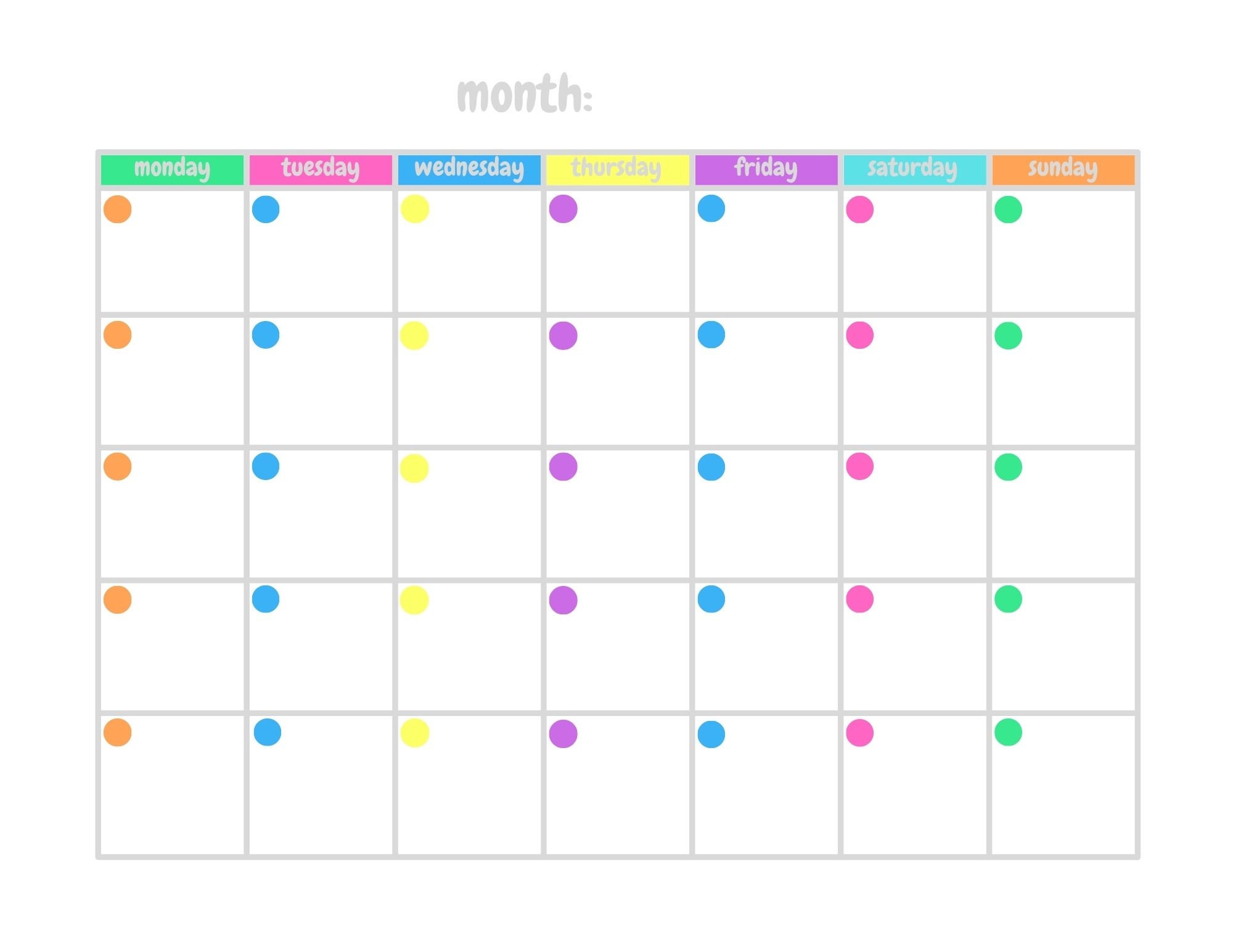 Colourful Blank Calendar Template, 11 X 8.5 Inches, Horizontal ...