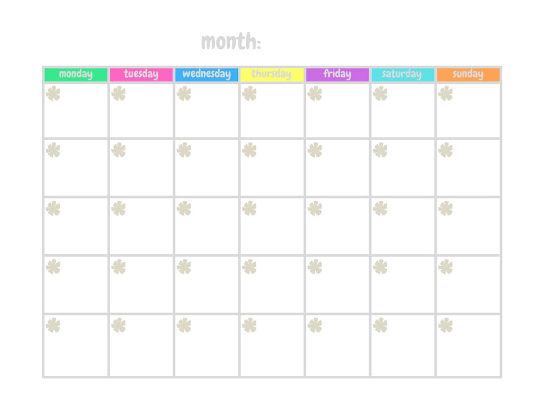 Colourful Blank Calendar Template With Grey Flowers, 11 X 8.5 Inches ...