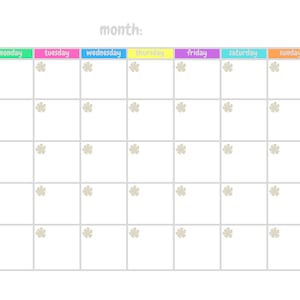Colourful Blank Calendar Template With Grey Flowers, 11 X 8.5 Inches ...