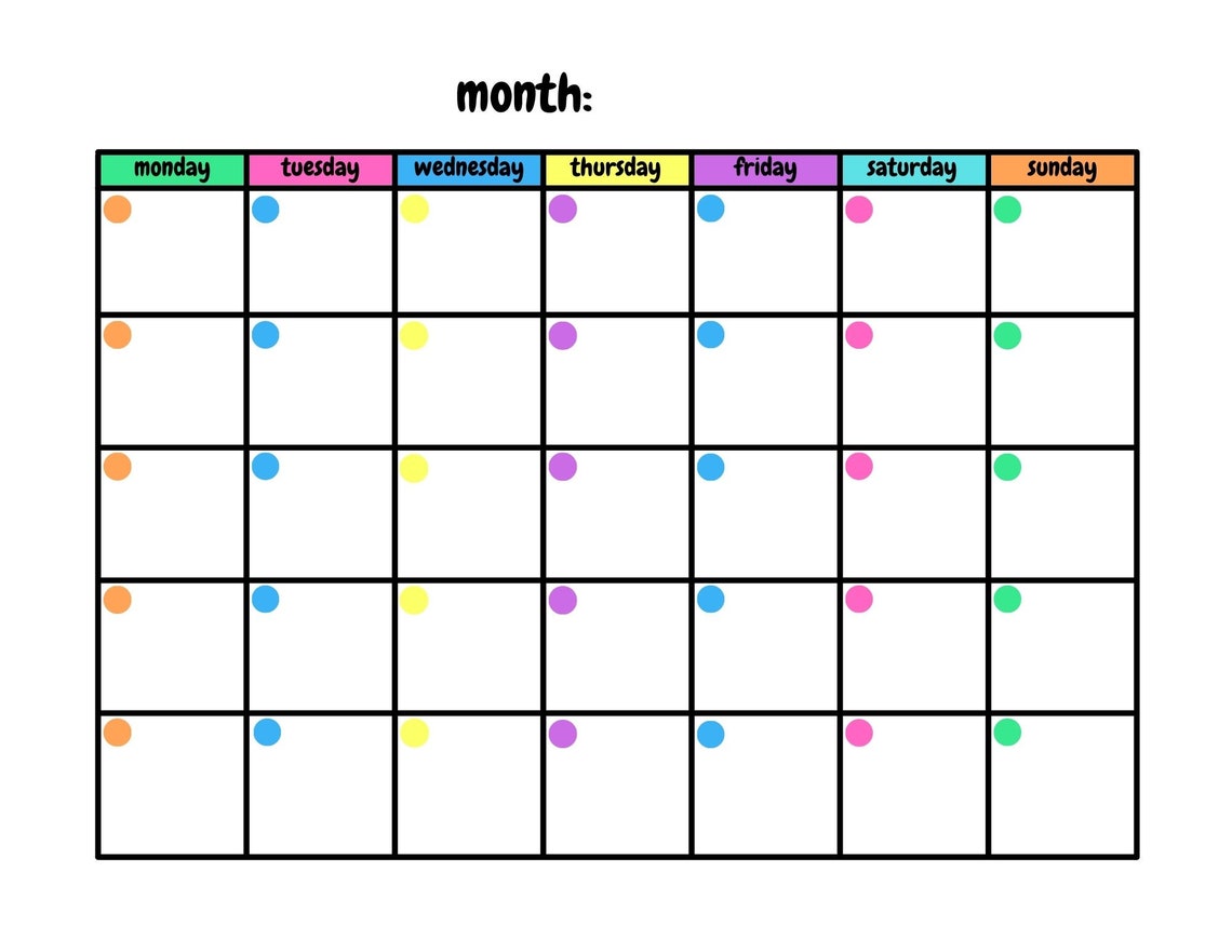 Colourful Blank Calendar Template, 11 X 8.5 Inches, Horizontal ...