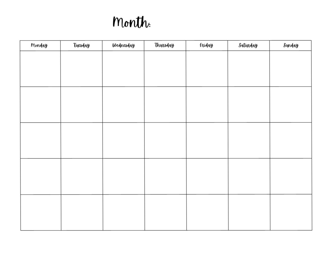 Blank Minimal Calendar Template, 11 X 8.5 Inches, Horizontal Printable ...